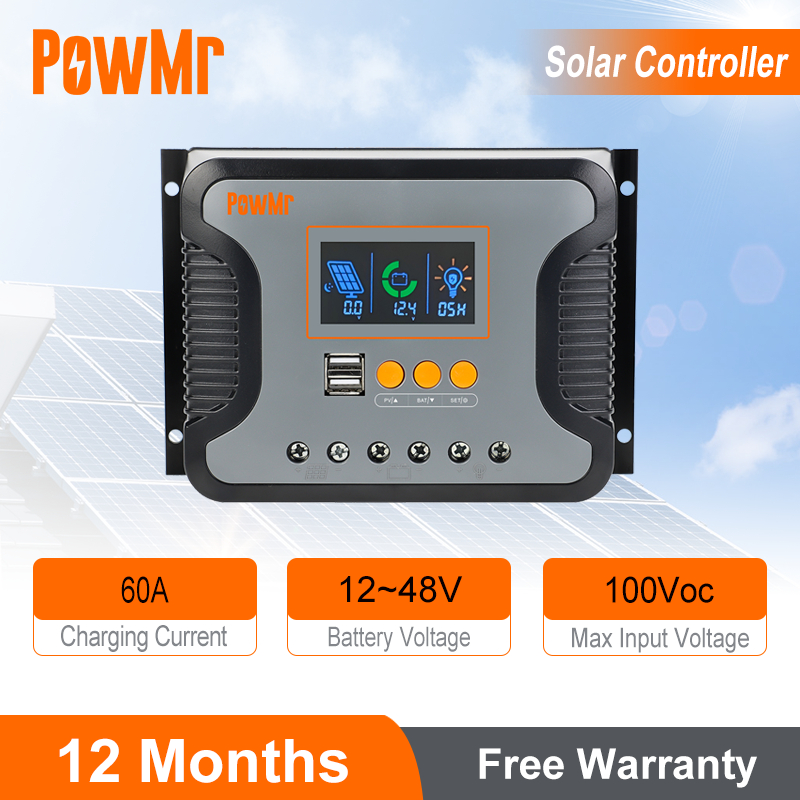 PowMr 60A Solar Charge Controller PWM 12V/24V/36V/48V Solar Controller Max PV Support 100 VDC ...