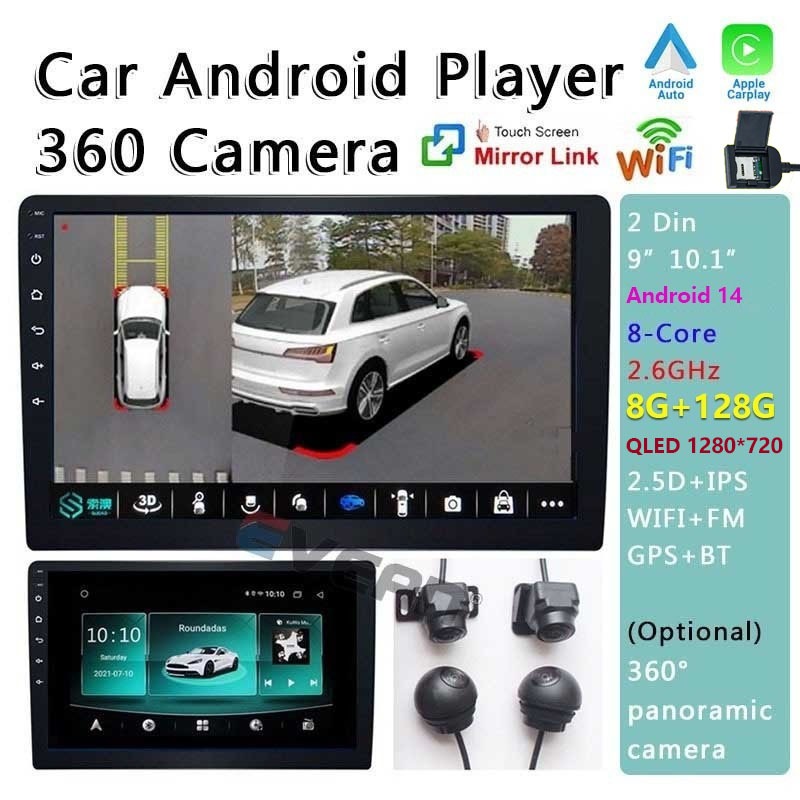 (Android 14) QLED 1280*720 Android Car Stereo 8 Core 8G+128G Head Unit ...