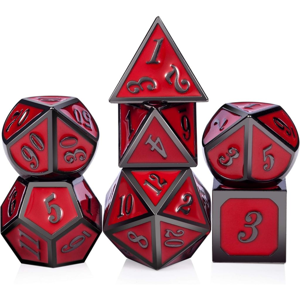 DND Red D&D Game Dice, 7 Polyhedral Metal Dice with Metal Case for RPG ...
