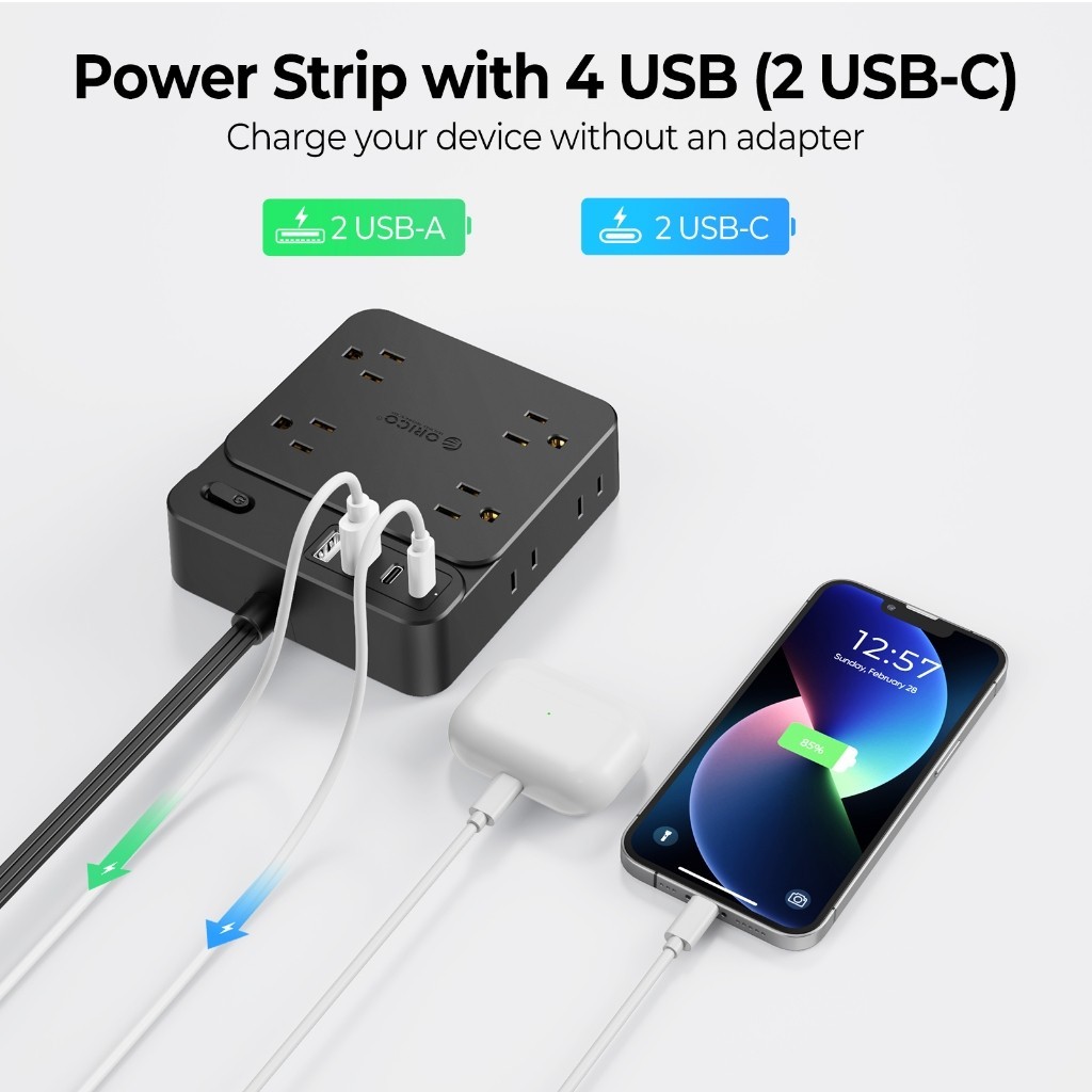ORICO Extension Cord with 2 USB 2 Type C Ports 8 Gang Ultra Thin Flat Plug Power Strip (SP1 ...