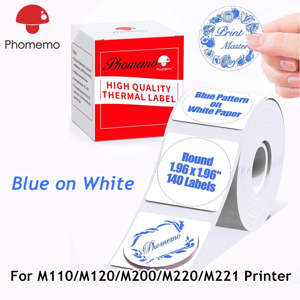 Blue On White Round Thermal Label Sticker For Phomemo M110/M120/M200/M220/M221/241BT/D520 ...