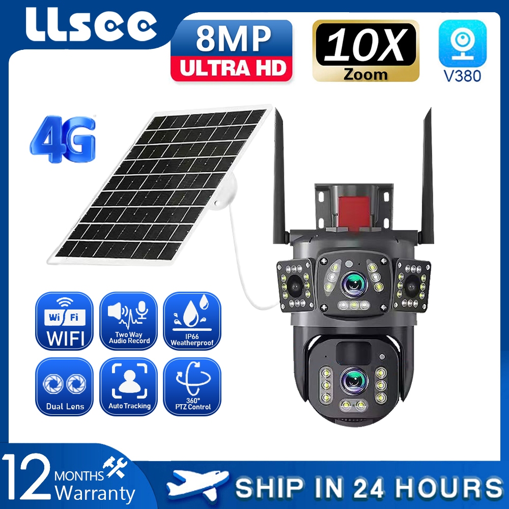 LLSEE V380 dual lens 4K outdoor solar camera 4G SIM home wireless WIFI waterproof 360 CCTV ...