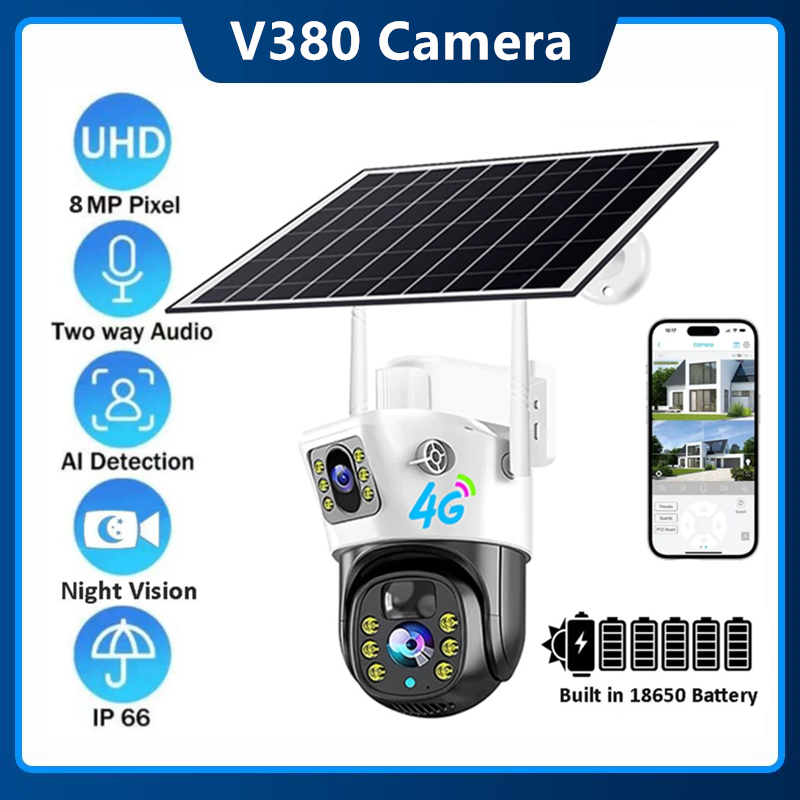 4K 4G SIM Card Dual Lens Solar Cameras 8MP Wireless Surveillance PTZ Battery Camera Color Night ...