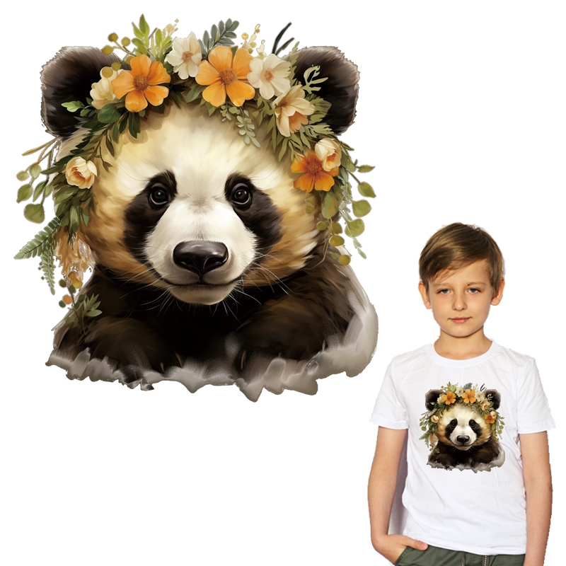 Iron On Patch Cute Panda With Flower Decals New Washable Garment ...