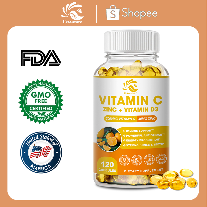 Vitamin C + D3 & Zinc Capsules for Antioxidant Protection Skin Bone and ...