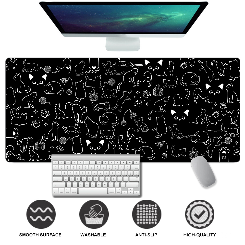 Cat Mousepad Black Art Extended Mousepad Large Gaming Mousepad Stitched ...