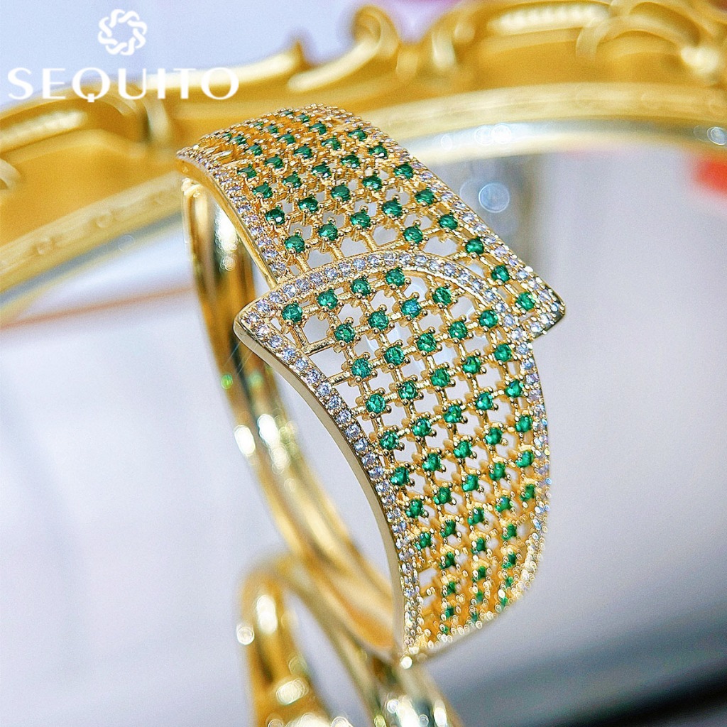 SEQUITO Super Luxury Women Yellow Gold Plated Wide Bangles Inlaid Shiny ...
