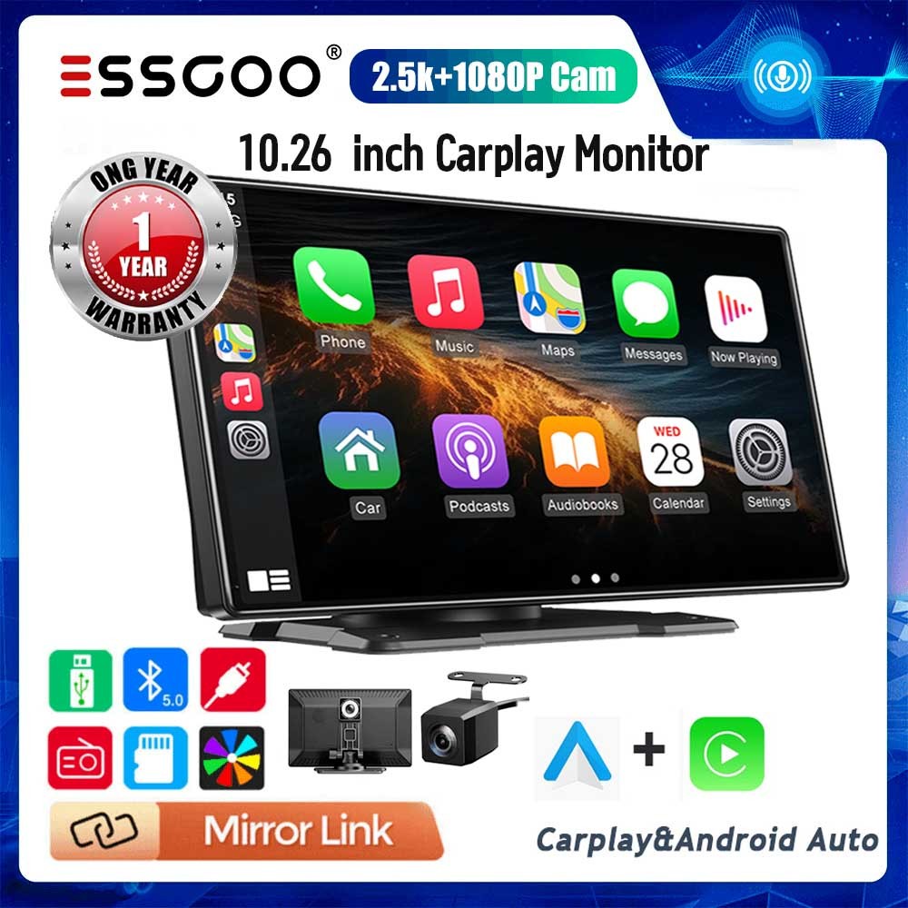 ESSGOO 12V 10.26" Portable Wireless Carplay Radio Car Multimedia Player FHD IPS Monitor Touch ...
