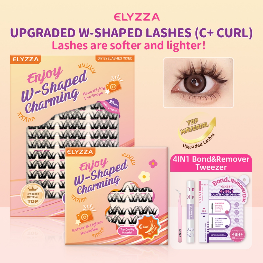 Elyzza W-shaped Eyelashes Extension 4IN1Lash Bond Length 10-16mm C+ ...