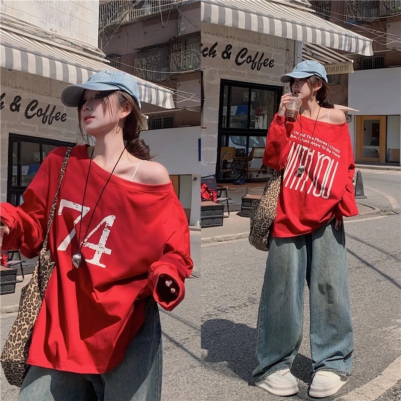 Two-Sided Design Off-Shoulder Sweatshirt Loose Slimmer Look Lazy Style ...