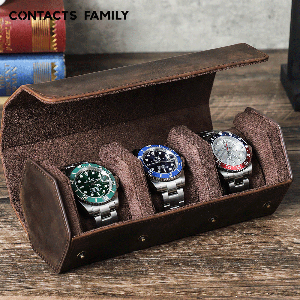 CONTACTS FAMILY Vintage Genuine Leather Watch Roll Box 3 slots Watch ...