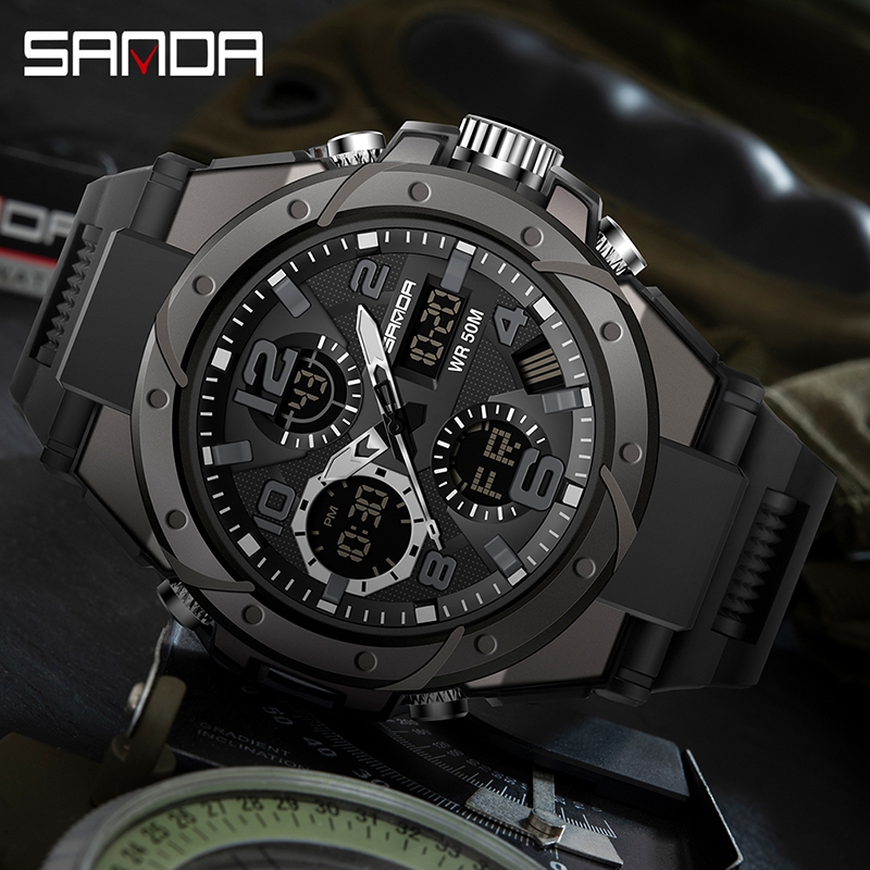 SANDA 6008-2/in stock Waterproof Men Watch Sports Luxury Quartz LED Multifunction Swimming ...