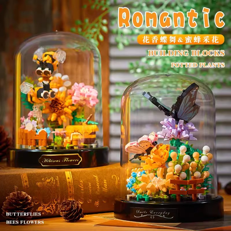 Animal parrots, swans, insects assembled building blocks, with dust ...