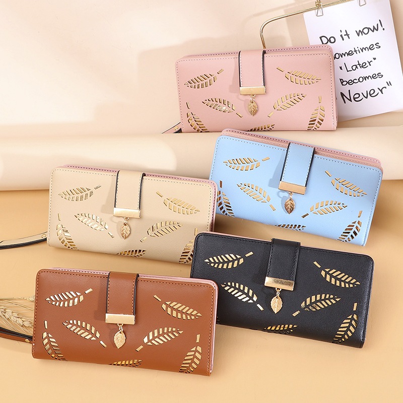 Korean Women's Wallets Long Fashion Clutch Hollow Leaf Zipper Buckle ...