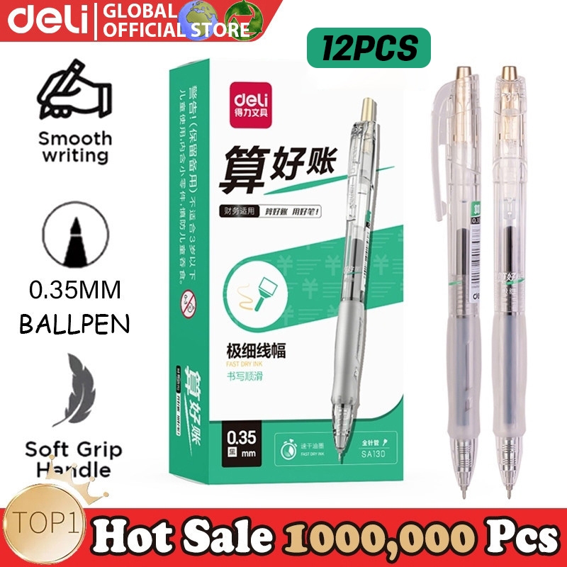Deli 12Pcs SA130 Press Ballpen 0.35mm Black Quick-Drying Gel Pen School ...