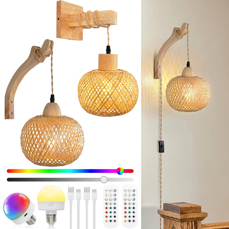 Japanese Rechargeable Bamboo Wall Light Battery Powered With Remote ...
