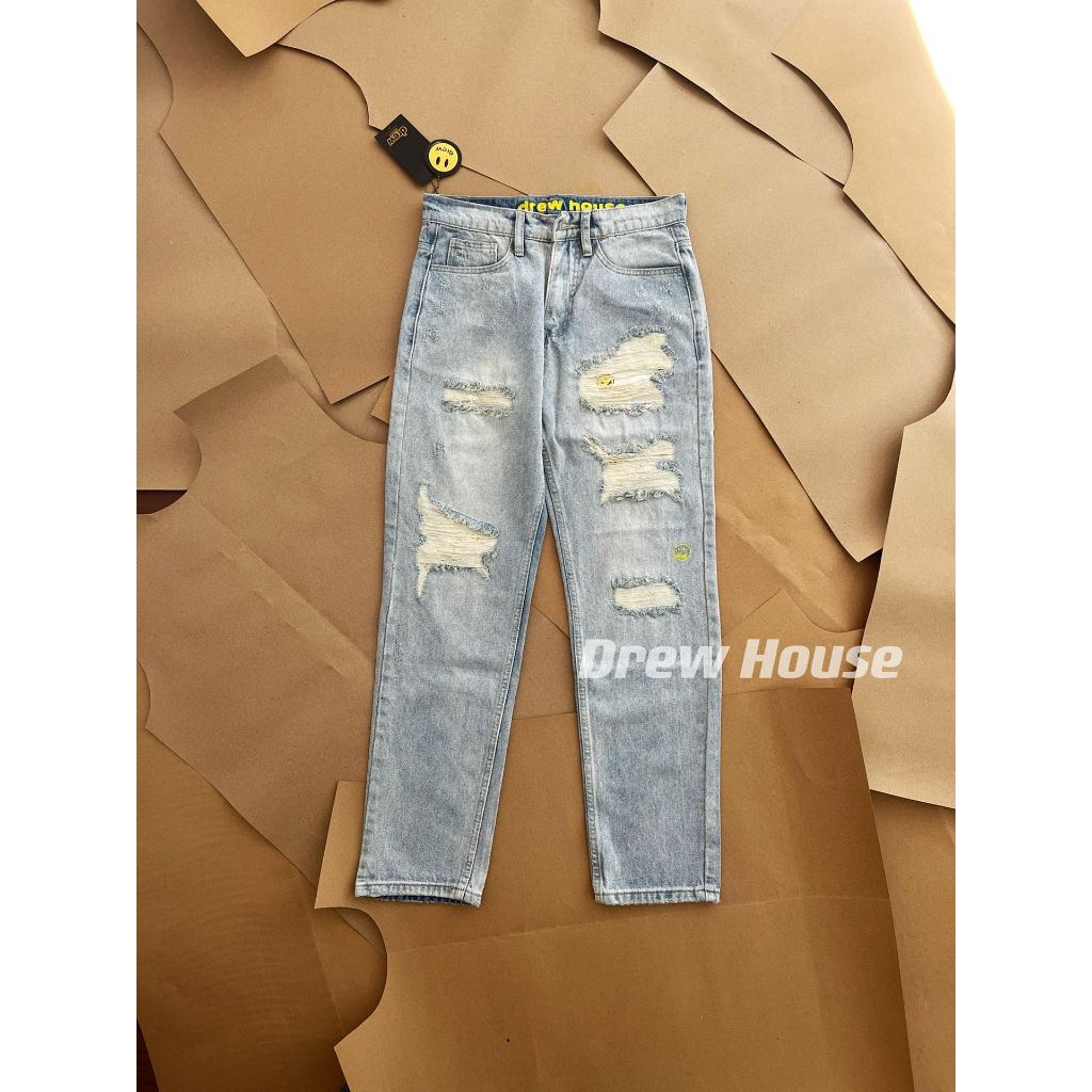 Drew House blue smiley face washed ripped straight leg jeans | Shopee ...