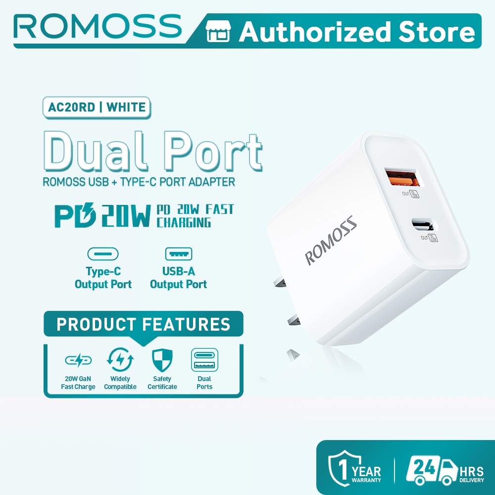 Romoss Ac20rd 20w Fast Charger Usb/Type-C Dual Port Portable Adapter ...