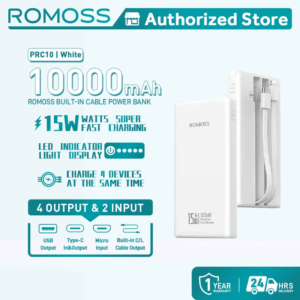 Romoss PRC10 10000mAh 15W Powerbank Built-in Dual cable 2 Input 4 ...