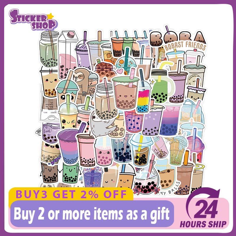 50pcs Cute Pearl Milk Tea Stickers Bubble Tea Drink Cartoon Decals Kid ...