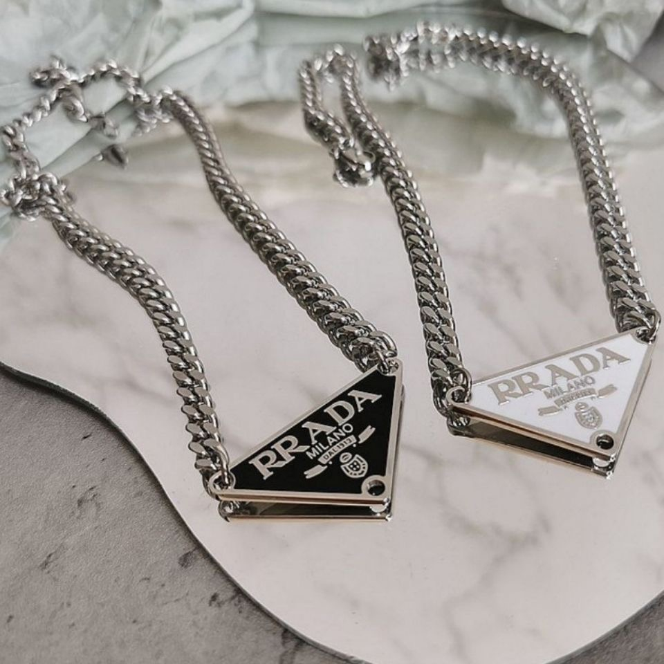 【Ready stock】Stainless steel Metal Triangle Prada Pendant Cuban Chain ...