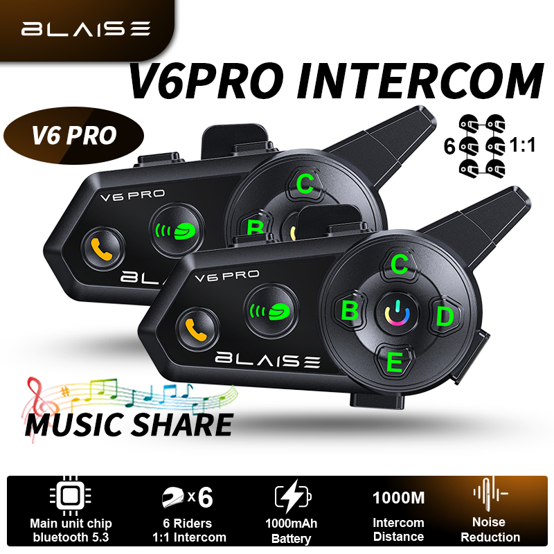 Blaise V6 PRO Helmet Intercom Music Share Bluetooth 6 Riders Waterproof ...