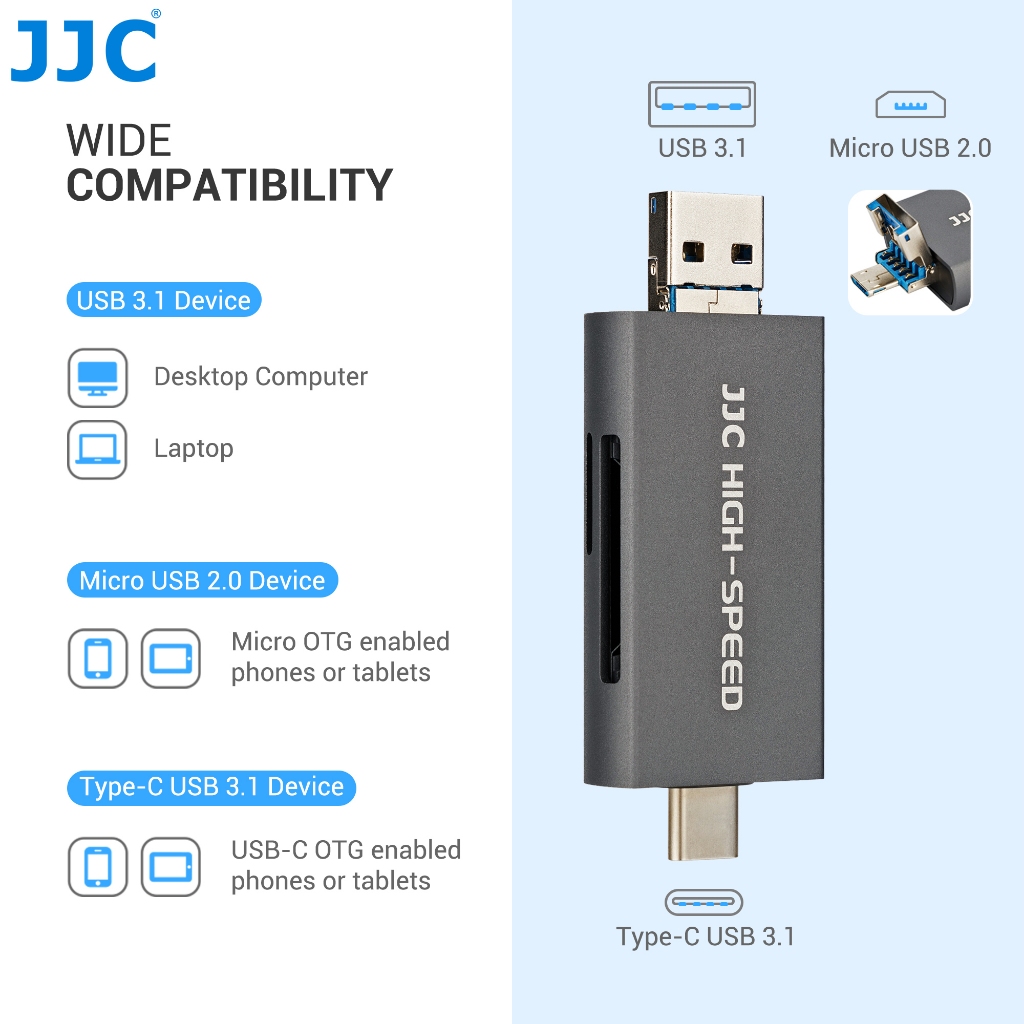 JJC Card Reader for UHS-II SD Micro SD MSD Card for USB Micro USB Type ...