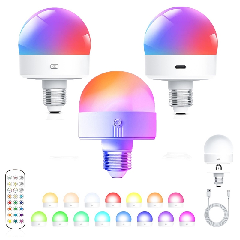 RGB Rechargeable Light Bulb,E27 Portable Wireless Bulb With Remote ...