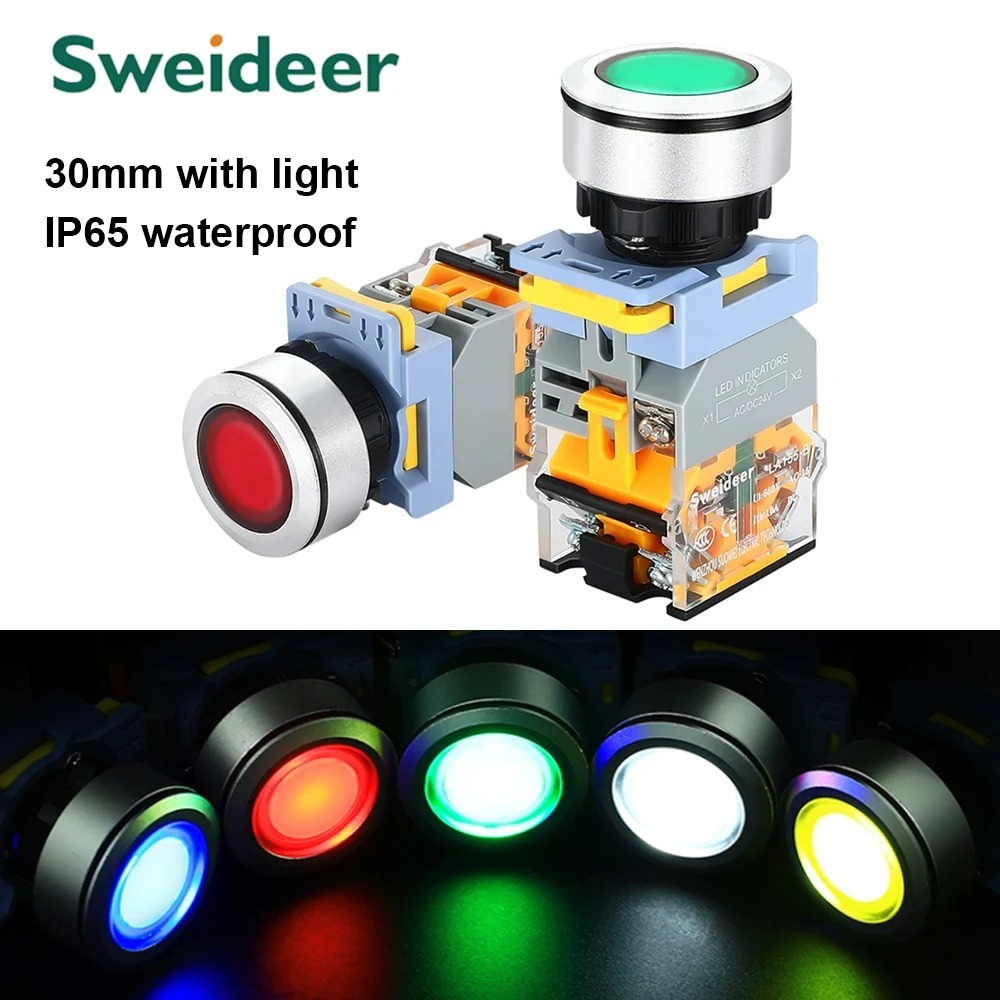 30MM illuminated flat round head push button switches with LED light ...