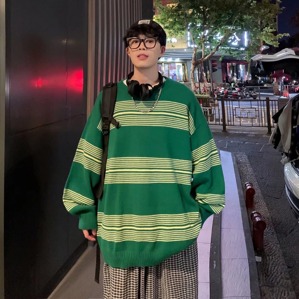 American Men's Retro Hiphop Long-sleeved Couple Striped O-neck Sweater Men's Trendy Ins Loose ...