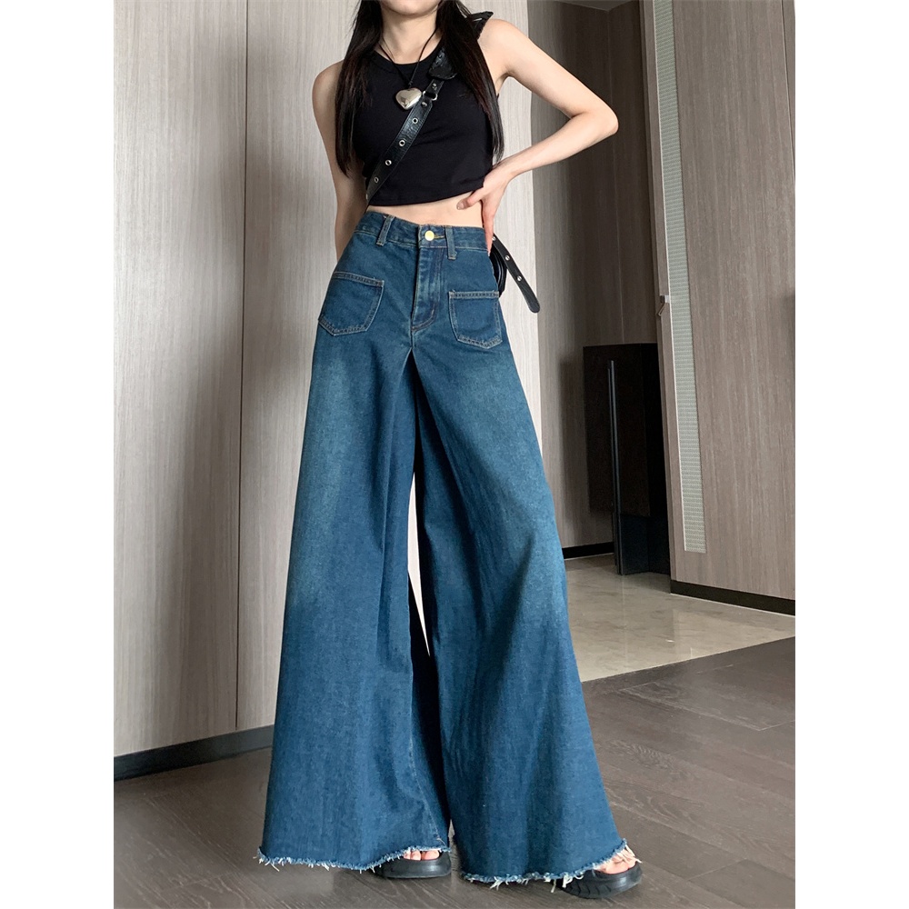 Frenmer S-6XL Plus Size Wide Leg Pants Raw Edges Jeans High Waist Loose ...