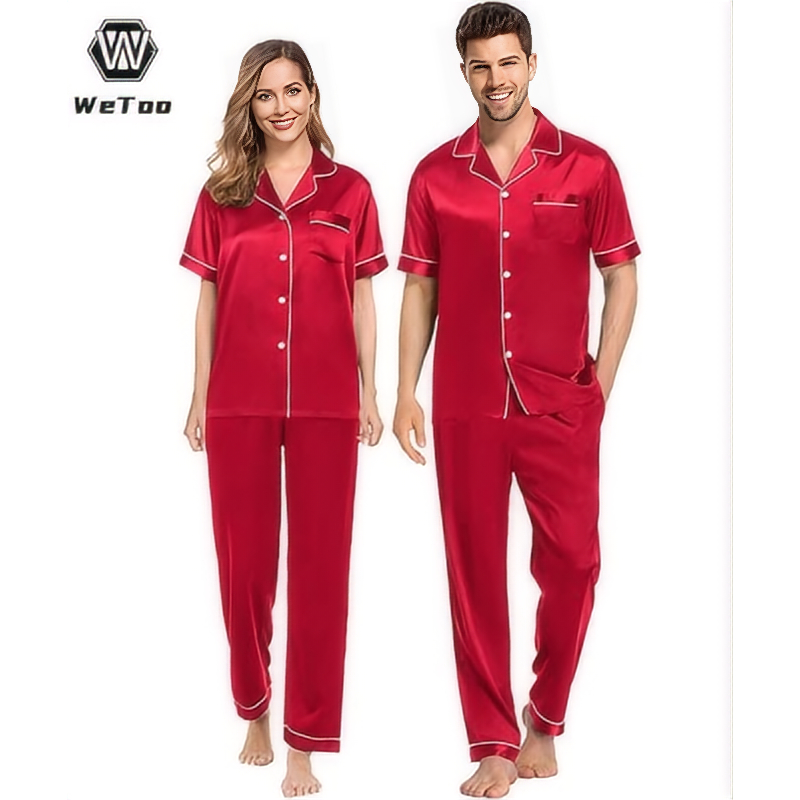 WeToo#Ice Silk Red Pajama Terno Plain Pajamas Homewear Lapel Suit ...
