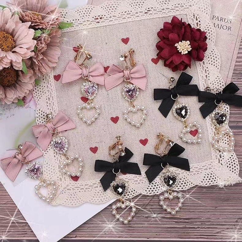 Japanese Sweet and Cute Soft Girl Bow Water Diamond Pearl Love Earrings ...