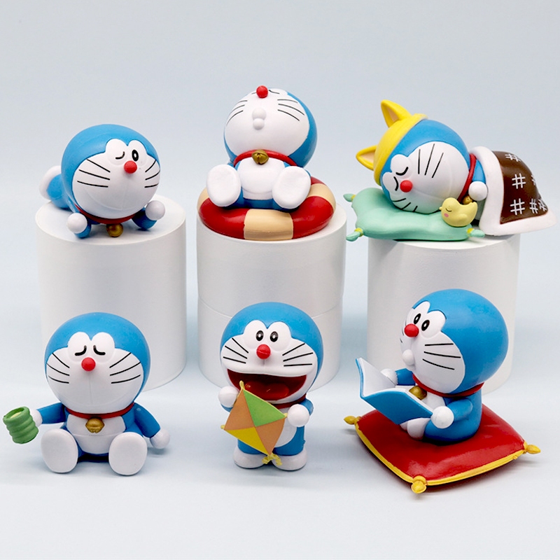 6Pcs/Set 7cm Anime Cartoon Doraemon Figure Machine Cat Sleep Swim Ring ...