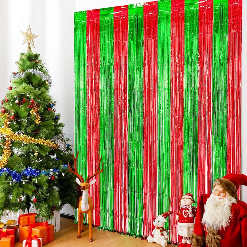 1*2m Red Green Foil Fringe Curtain Christmas Decor Metallic Tinsel Foil ...