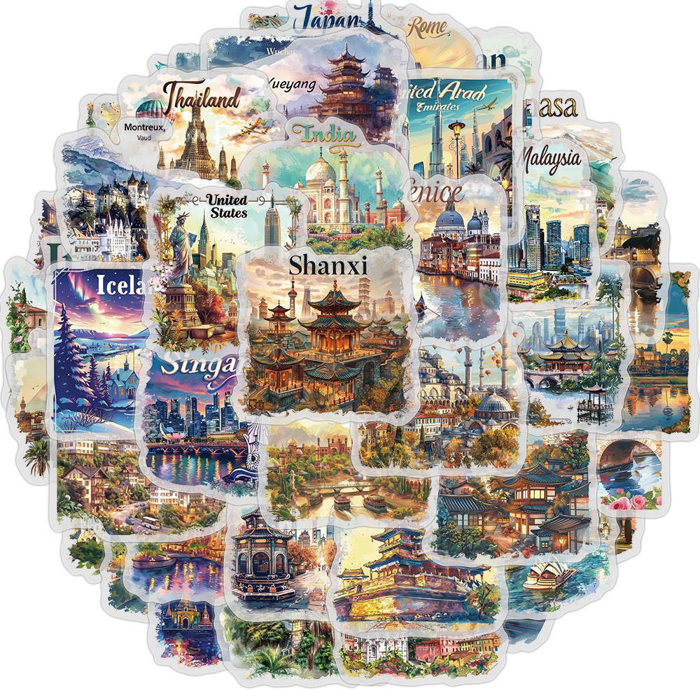 [Large Sticker]50PCS World Famous Travel City Landmark Buildings ...