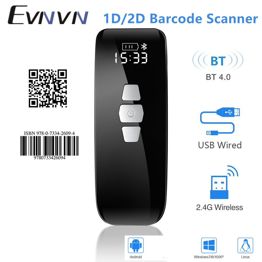 Evnvn 3-in-1 Mini BarCode Reader 2.4G Wireless & USB Wired 1D 2D QR ...
