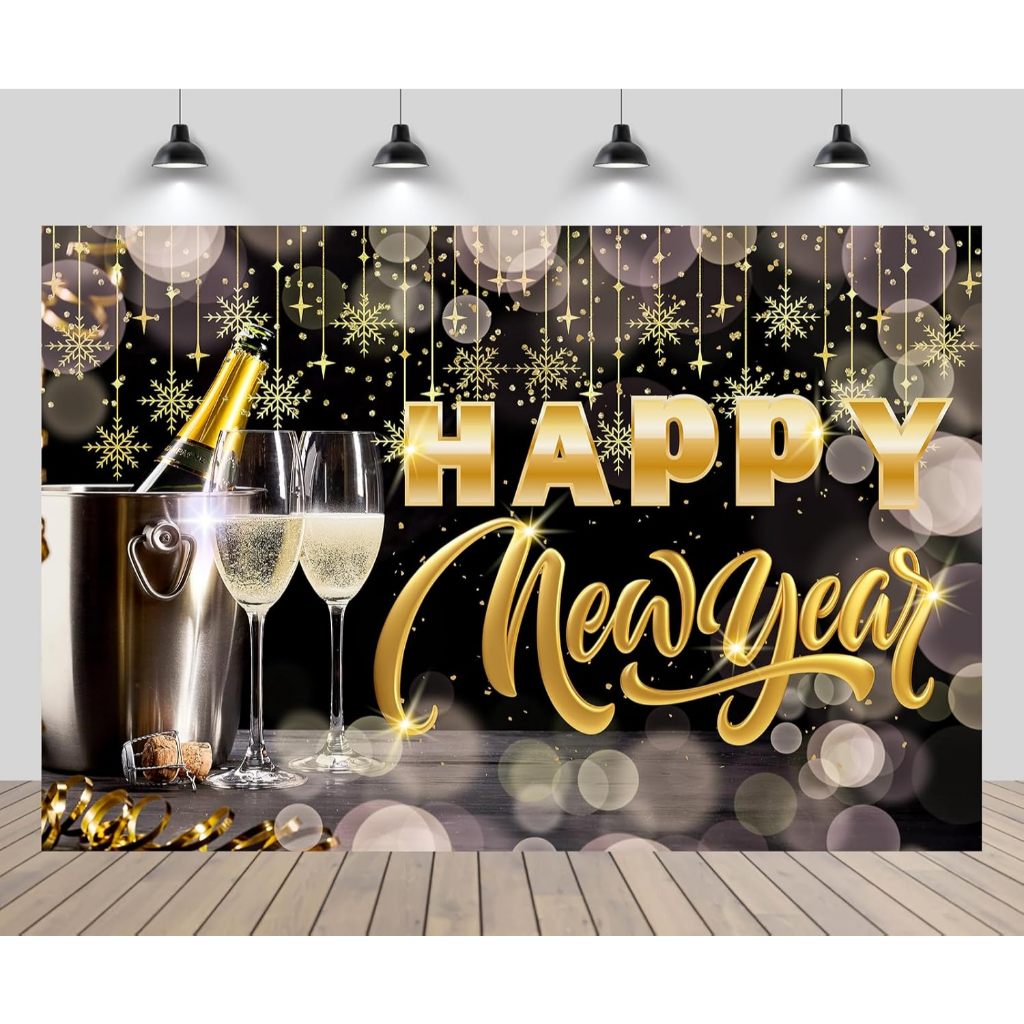 5x3ft Happy New Year Photography Backdrop Champagne Wine Glasses Golden ...