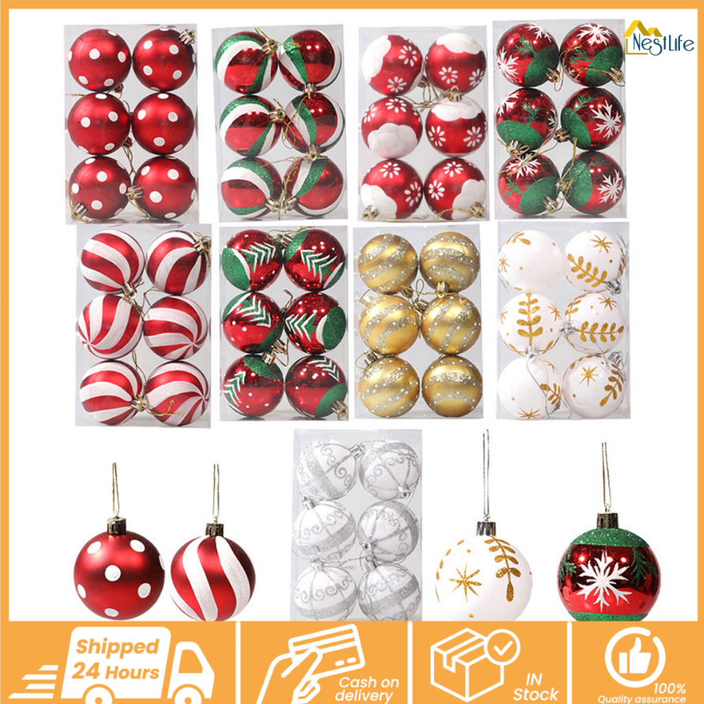 6Pcs 6CM Colorful Christmas Balls Glitter Gold White Red Xmas Tree ...