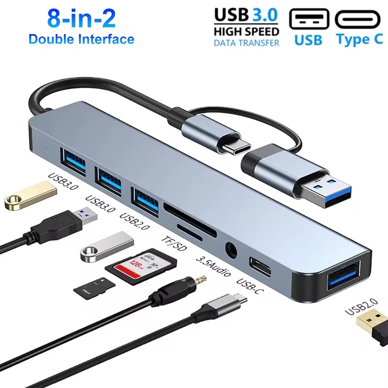 8 In 2 USB HUB USB A Type C Hub Concentrator Docking Station Multi ...