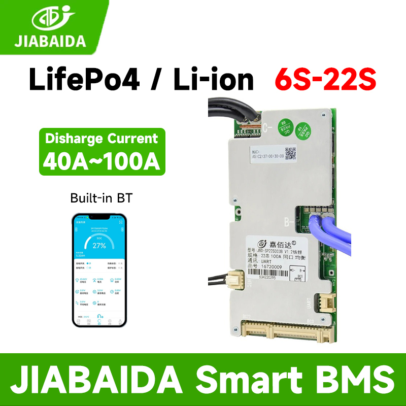 JIABAIDA Smart LiFePO4 BMS 6S 8S 12S 13S 16S 20S 21S 40A 80A 100A ...