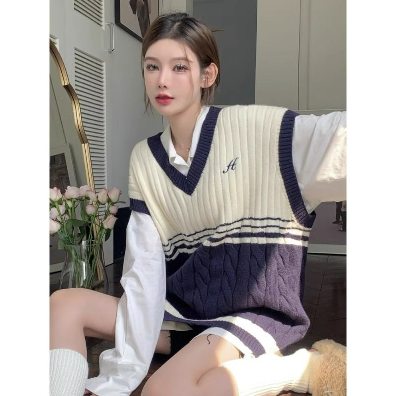 Korean popular Japanese lazy style college style V-neck vest knitted ...