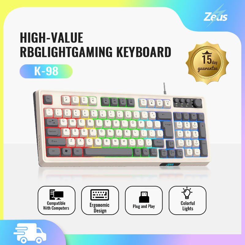 Zeus x Raiku Wired Rainbow LED Ligh Gaming Keyboard 98 Keys Silent Keys ...