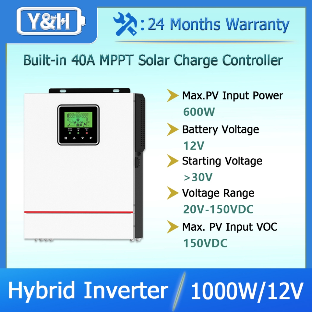 Y&H 1000W Solar Hybrid Inverter DC12V to AC230V, Off-Grid Pure Sine ...
