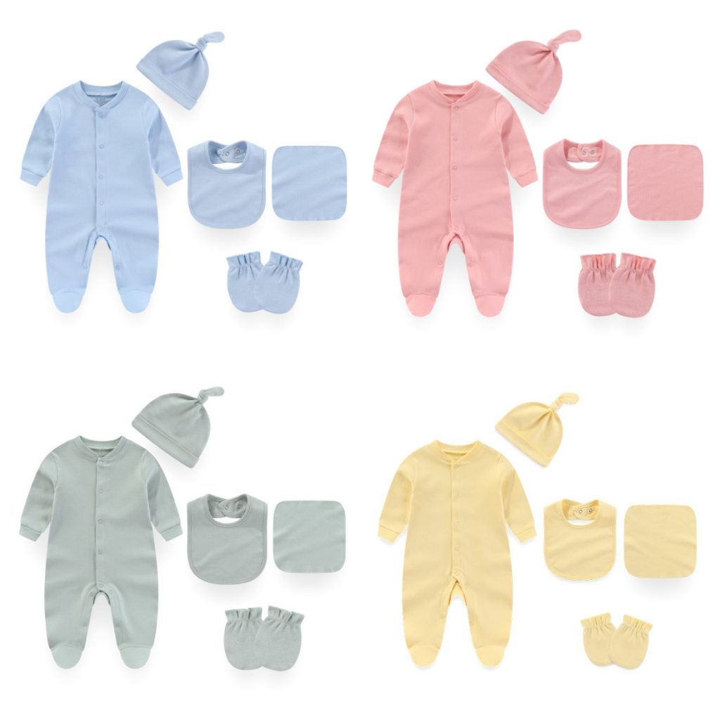 Solid Color Baby Clothes 5-Piece Set Baby Long Sleeved Jumpsuit ...