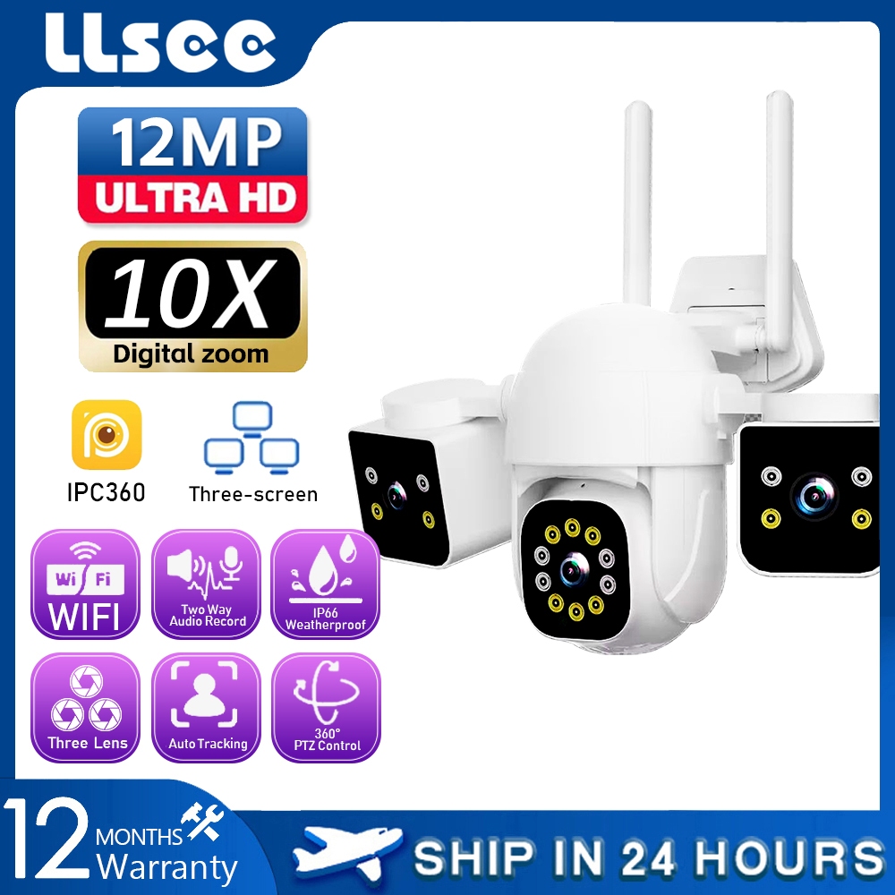 LLSEE three lens 6K 12MP wireless WIFI CCTV camera outdoor waterproof ...