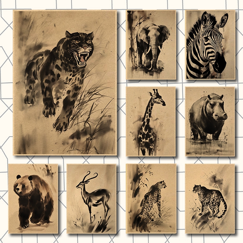 Ink Animal Art Posters Retro Kraft Paper Poster Painting Wall Pictures ...