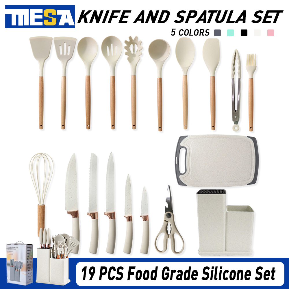 19PCS Silicone Kitchen Utensils Set And Kitchen Knife Set Non-stick ...