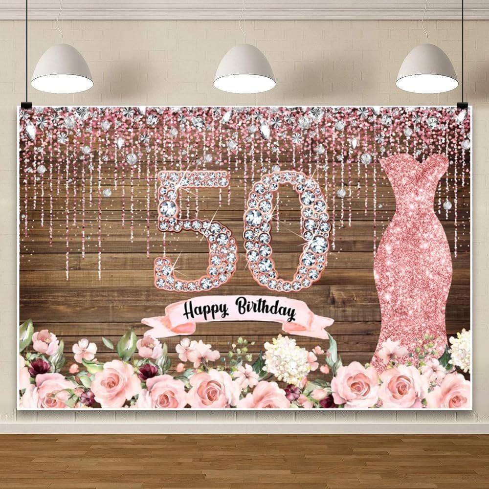 5x3ft Happy 50th Birthday Photography Backdrop Rustic Pink Flowers Rose ...