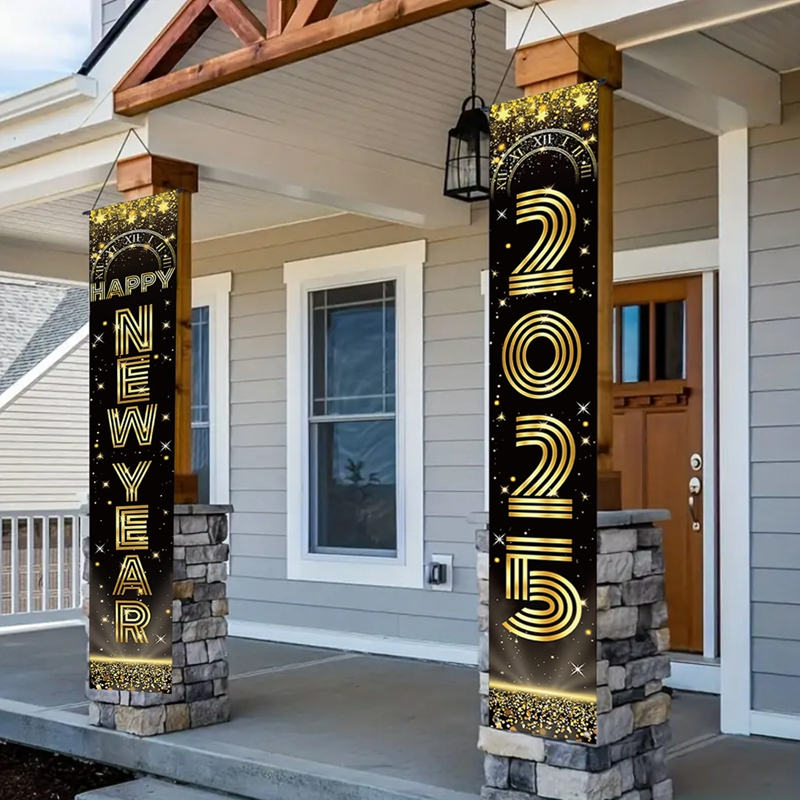 2PCS Happy New Year Door Curtain Golden 2025 Black Background Design ...